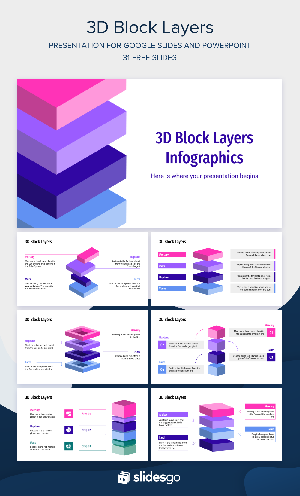 Free 3D Block Layers diagrams for Google Slides & PPT template