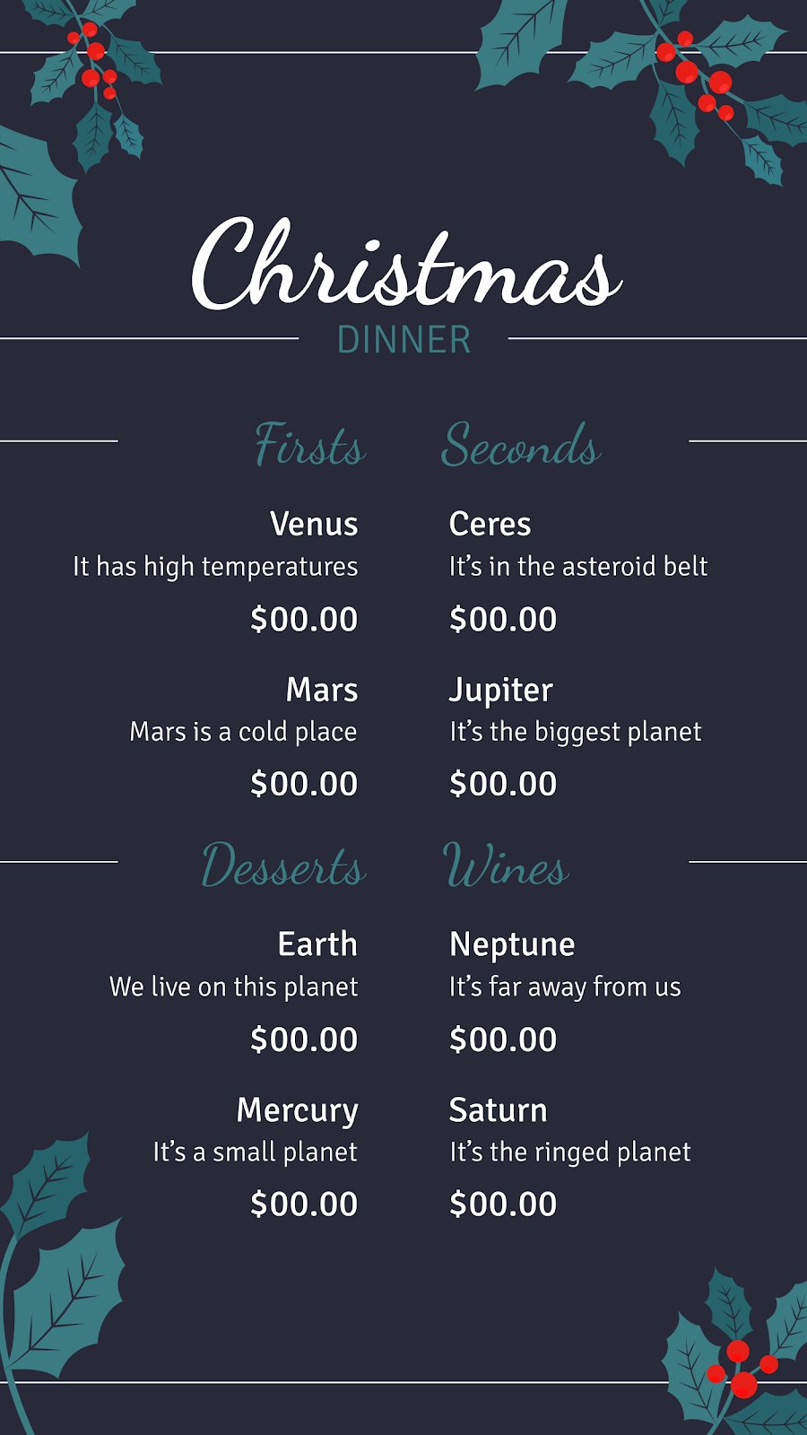 Restaurant Menus for Christmas Dinner IG Stories for MK