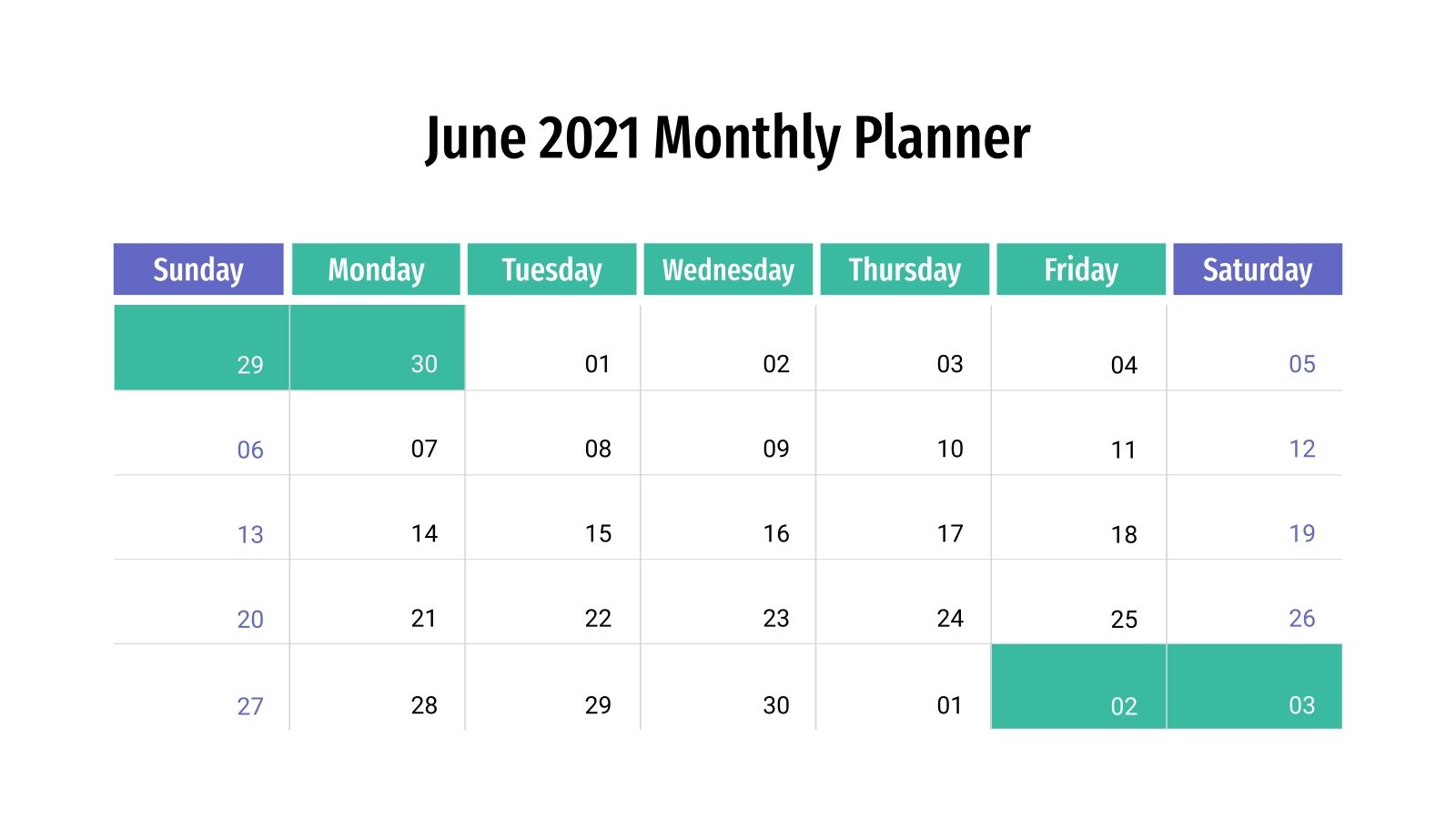 June 2021 Monthly Planner Infographics for Google Slides & PPT