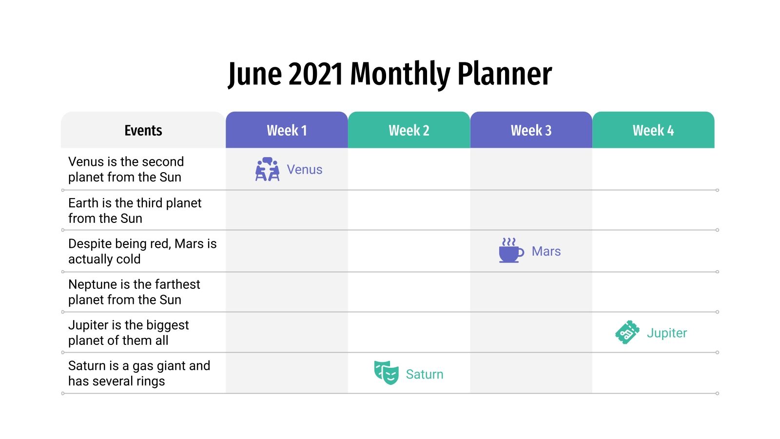June 2021 Monthly Planner Infographics for Google Slides & PPT