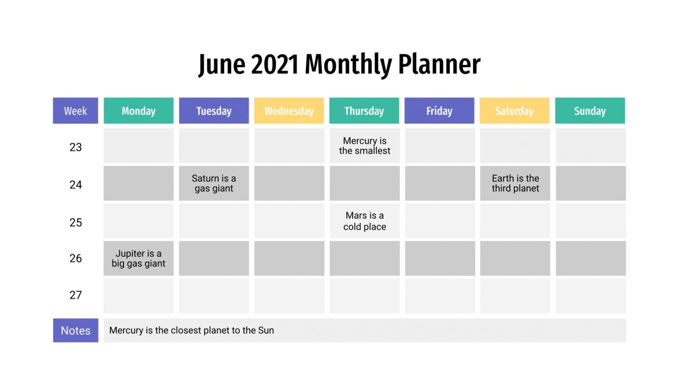 June 2021 Monthly Planner Infographics for Google Slides & PPT