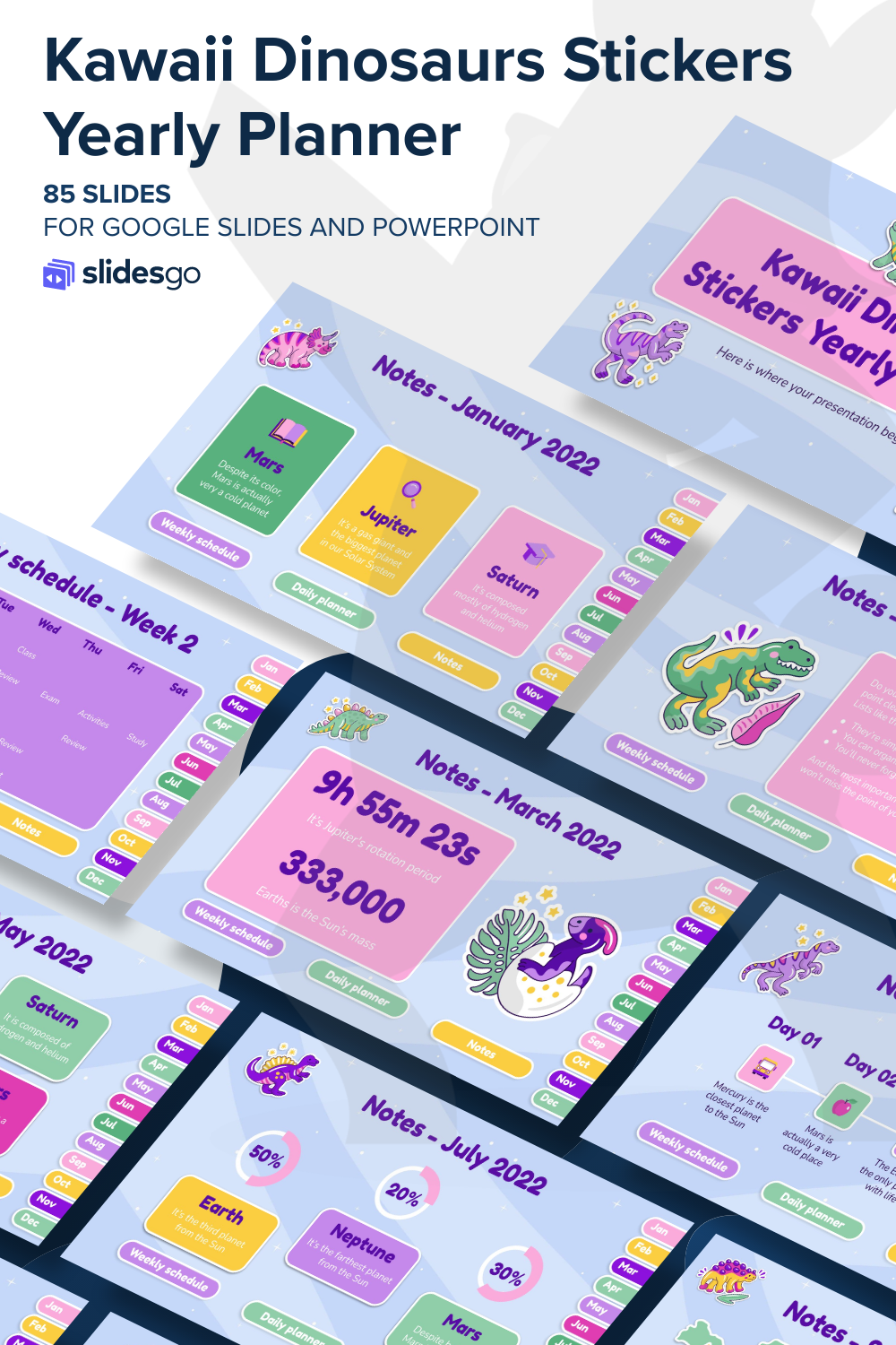 Kawaii Dinosaurs Stickers Yearly Planner | Google Slides