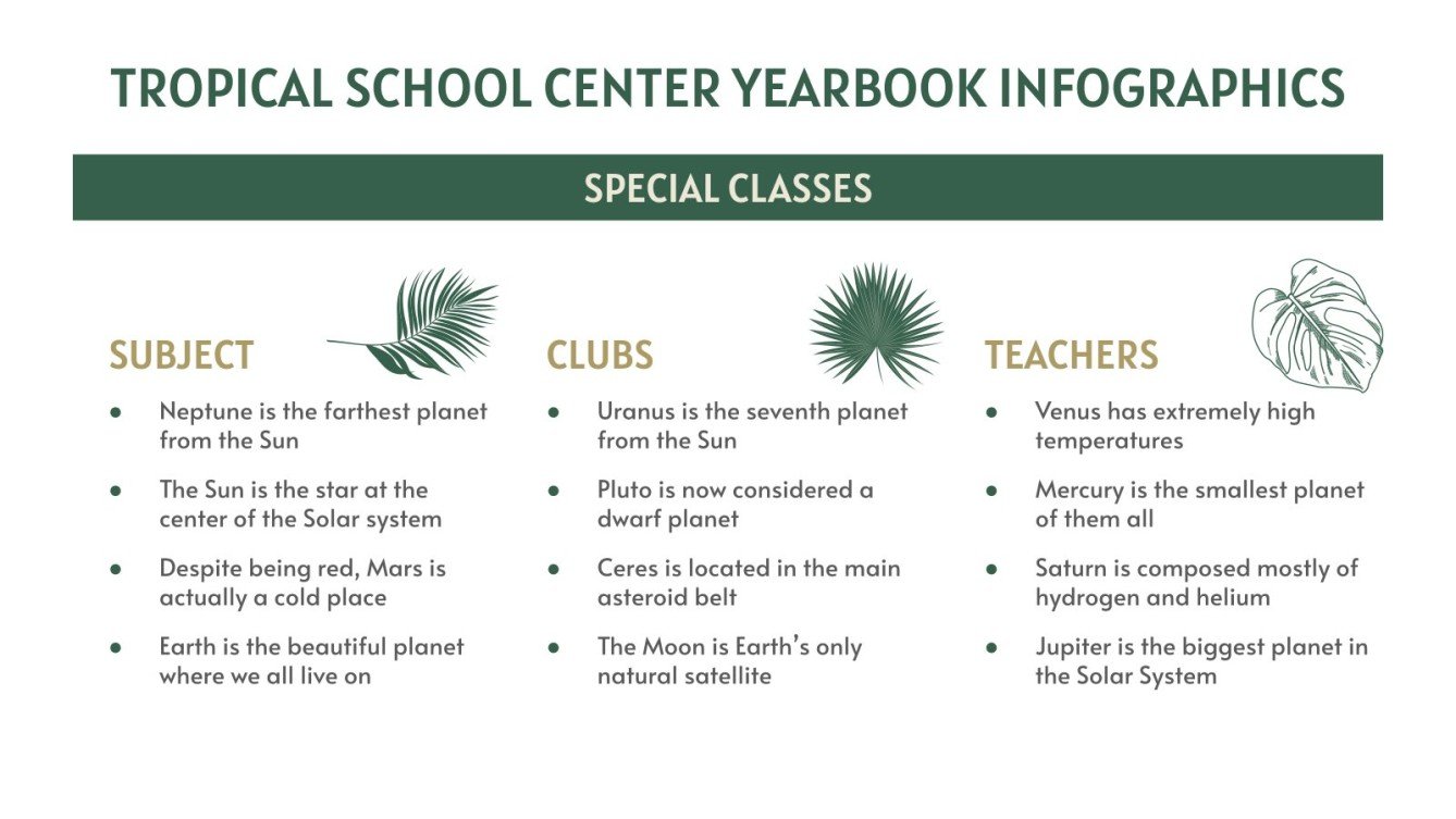 Tropical School Center Yearbook Infographics | Google Slides