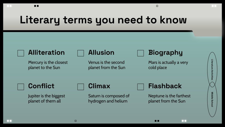 Language Arts Subject for Middle School: Literature Activities