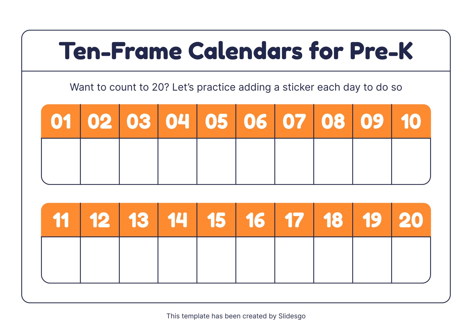 Calendarios imprimibles de estilo "ten frames" para preescolar