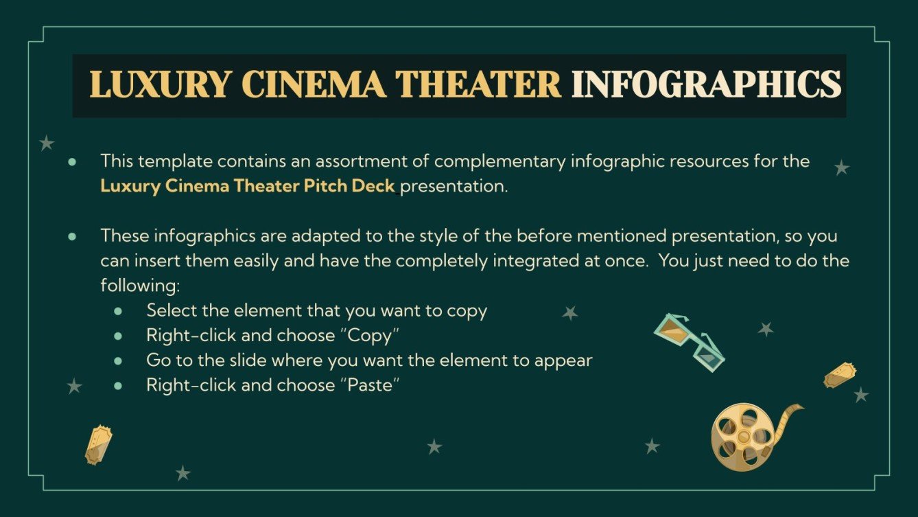 Luxury Cinema Theater Pitch Deck Infographics I Google Slides