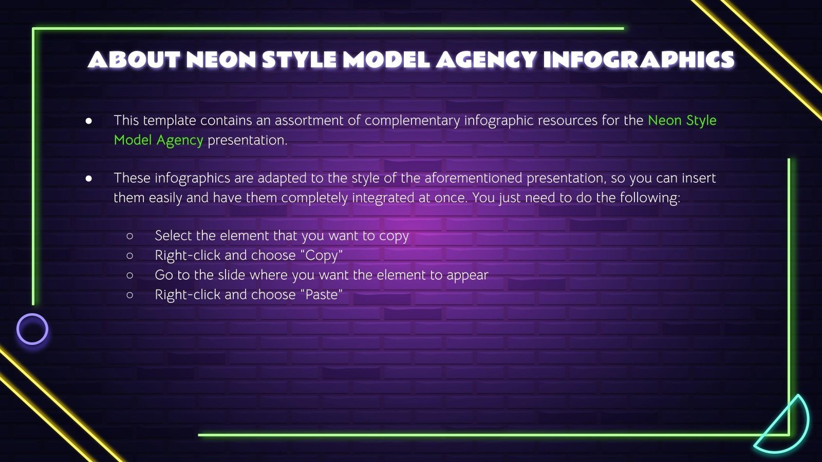 Neon Style Model Agency Infographics | Google Slides & PPT