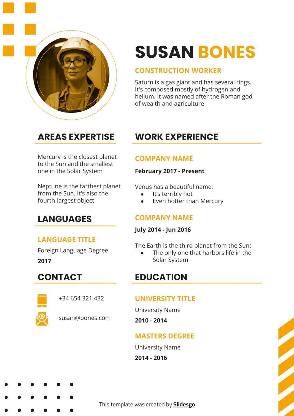 Construction Worker CV | Google Slides and PowerPoint