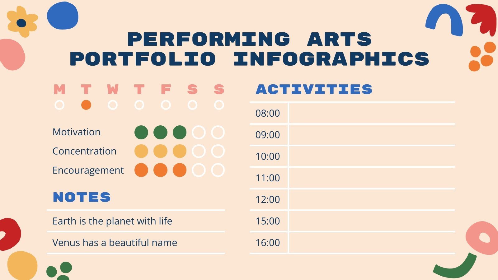 Infographies pour portfolio sur les arts du spectacle