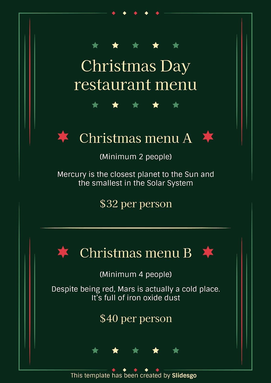 Printable Christmas Day Restaurant Menu | Google Slides