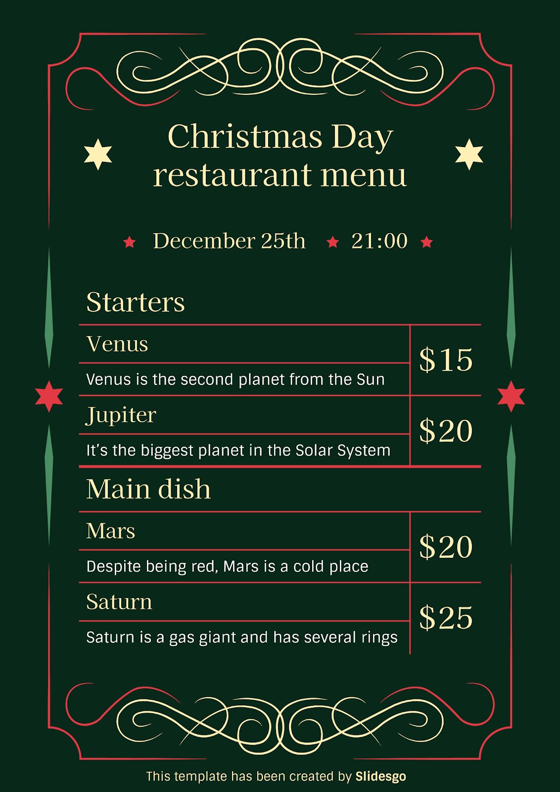 Printable Christmas Day Restaurant Menu | Google Slides