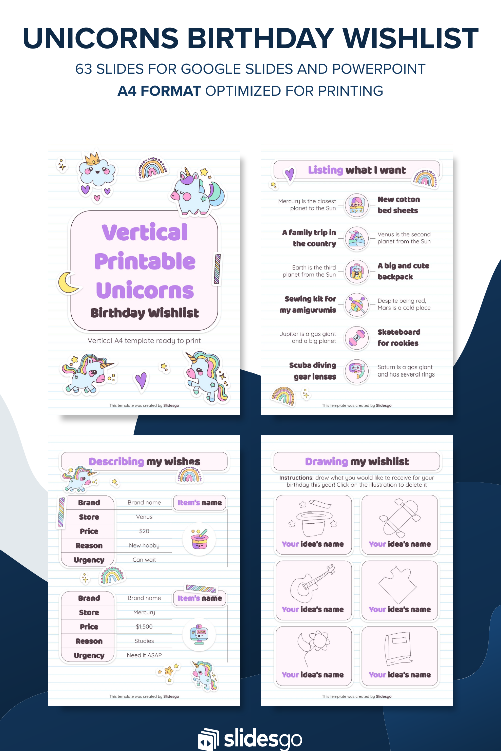 Vertical Printable Unicorns Birthday Wishlist