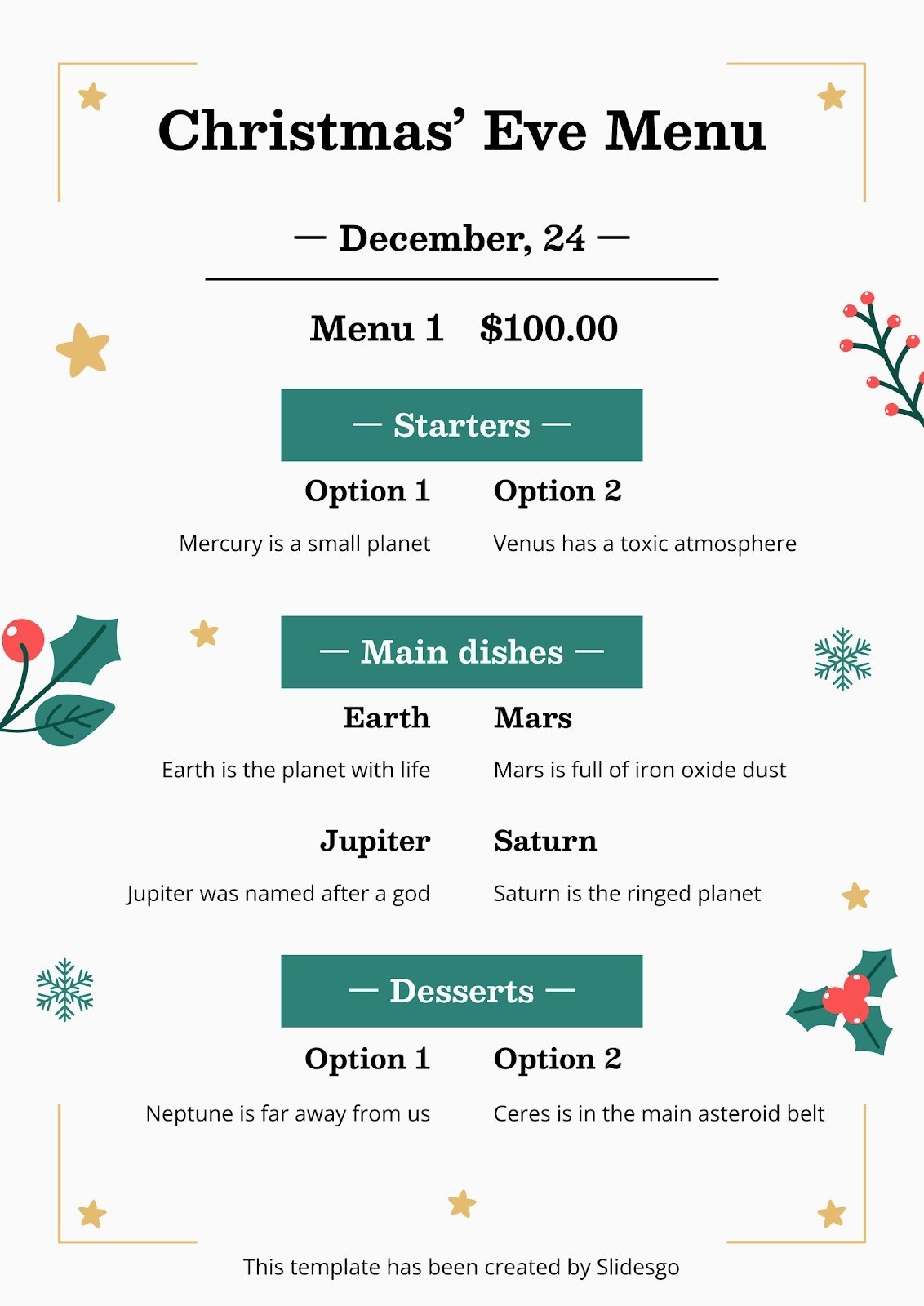 Printable Christmas' Eve Restaurant Menu | Google Slides