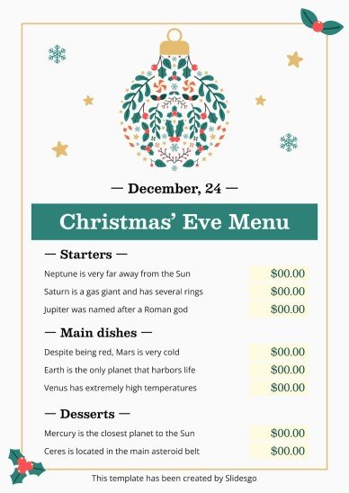 Printable Christmas' Eve Restaurant Menu | Google Slides