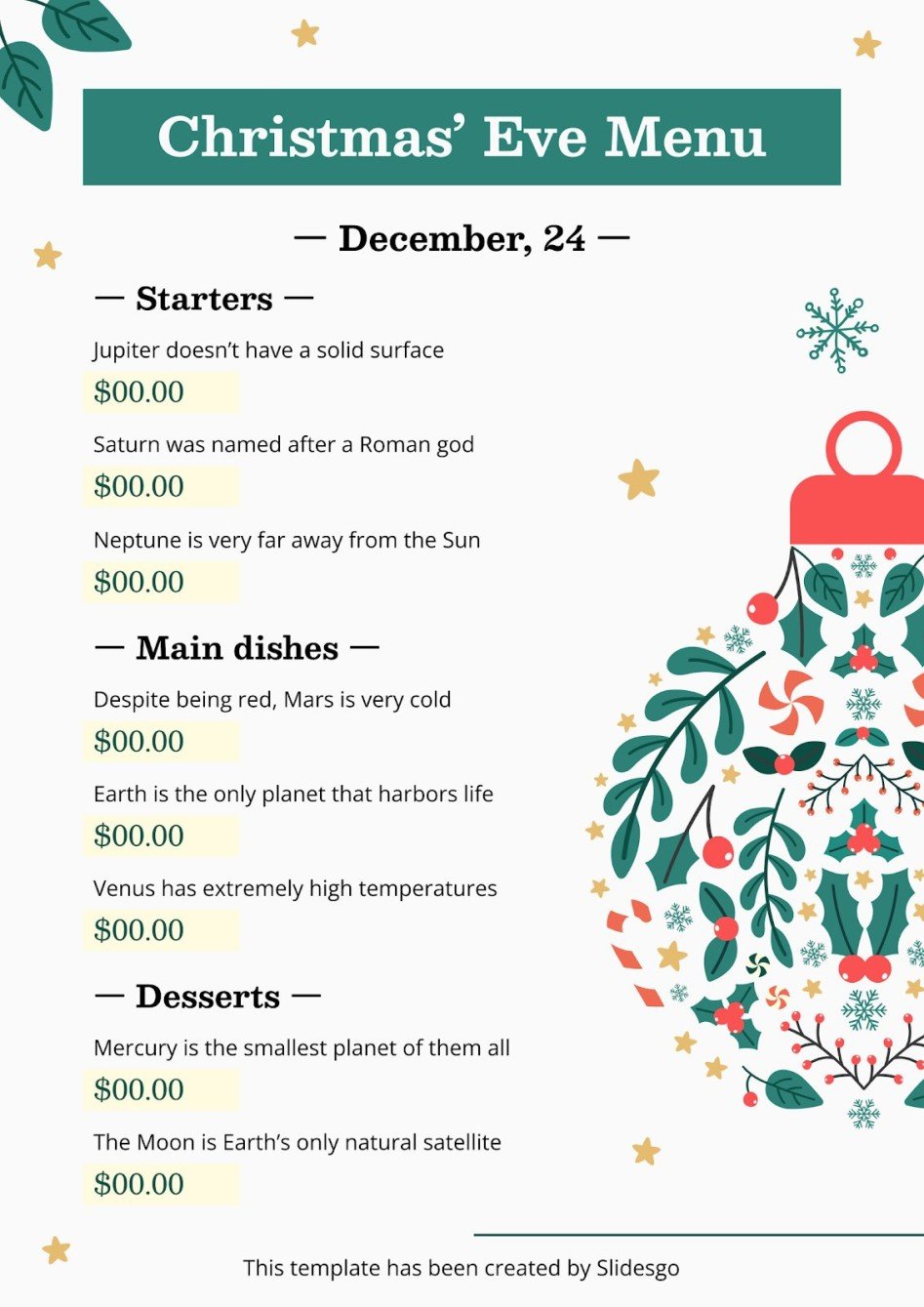 Printable Christmas' Eve Restaurant Menu | Google Slides