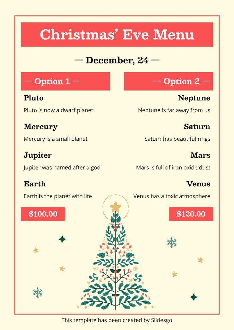 Printable Christmas' Eve Restaurant Menu | Google Slides