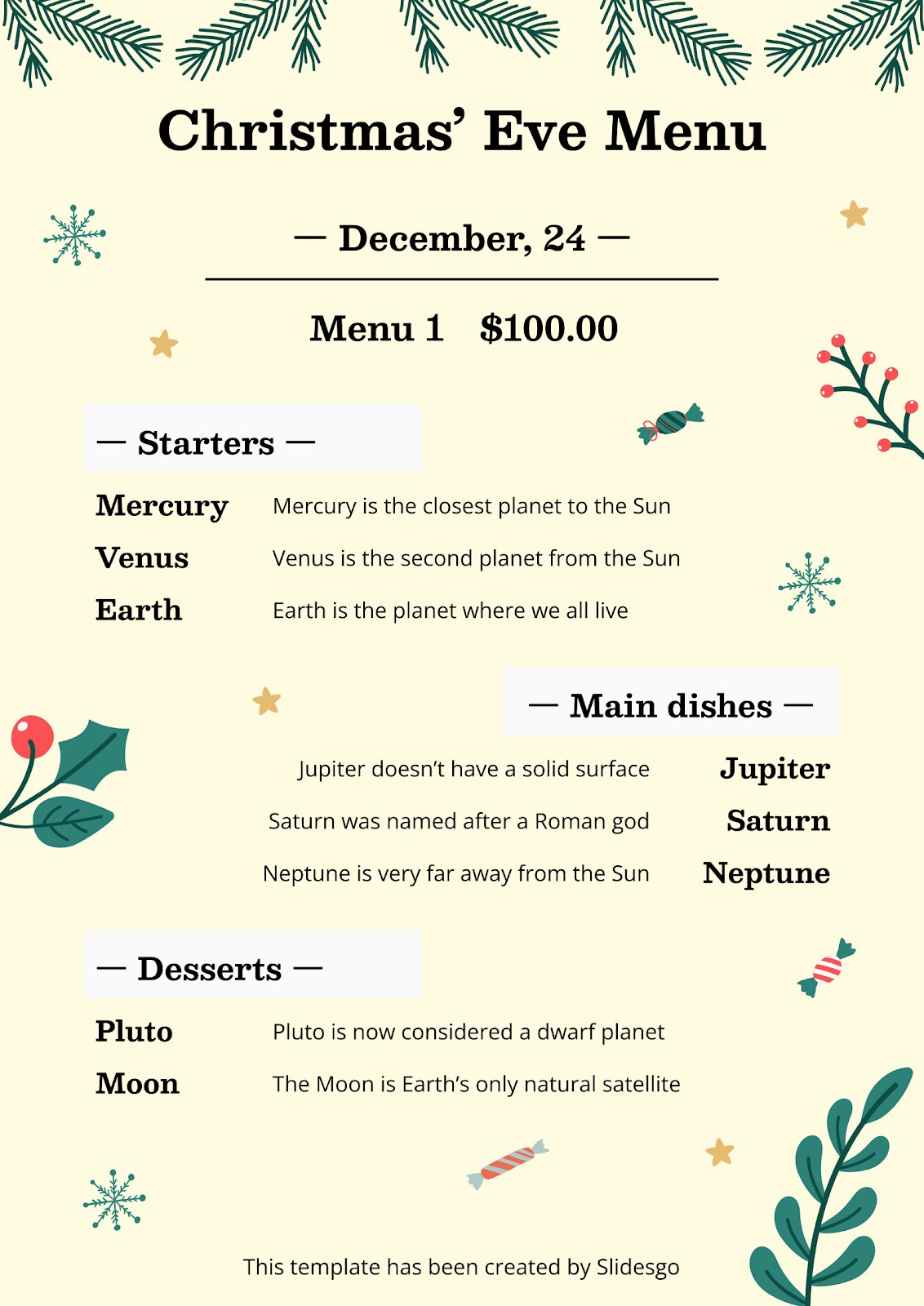 Printable Christmas' Eve Restaurant Menu | Google Slides