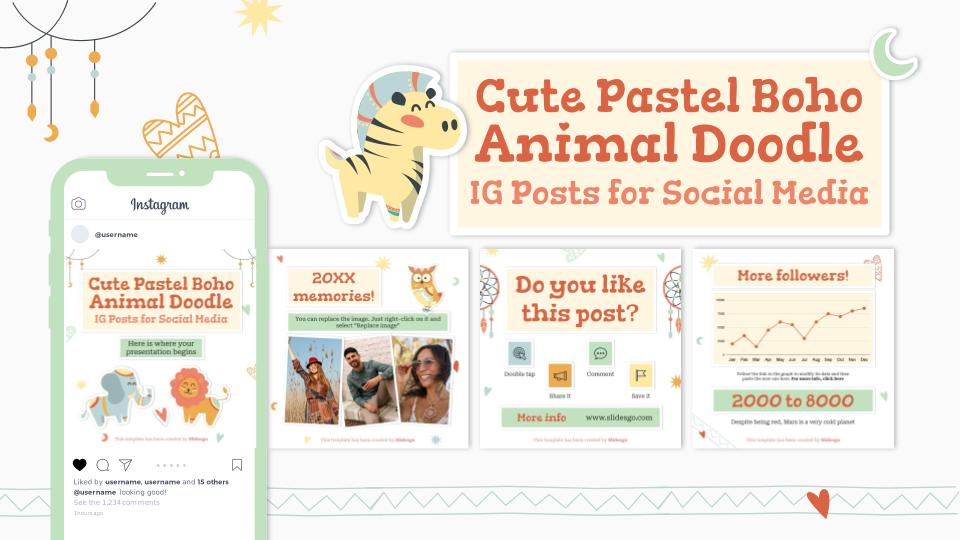 Cute Pastel Boho Animal Doodle IG Posts | Google Slides