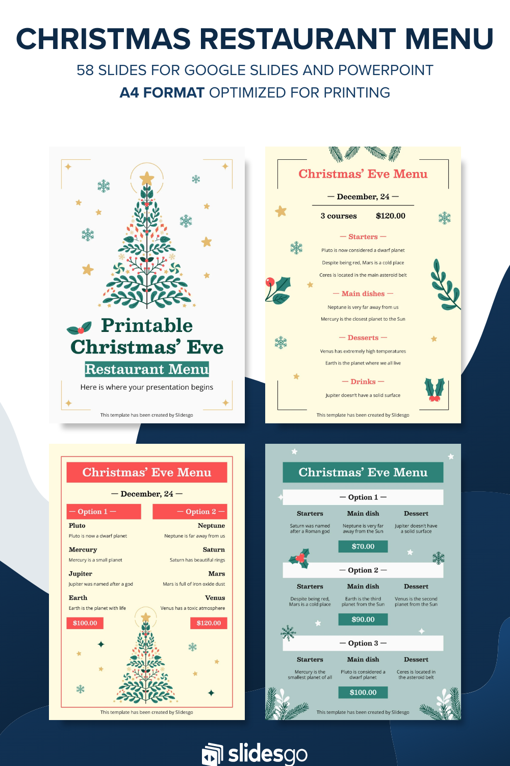 Printable Christmas' Eve Restaurant Menu | Google Slides