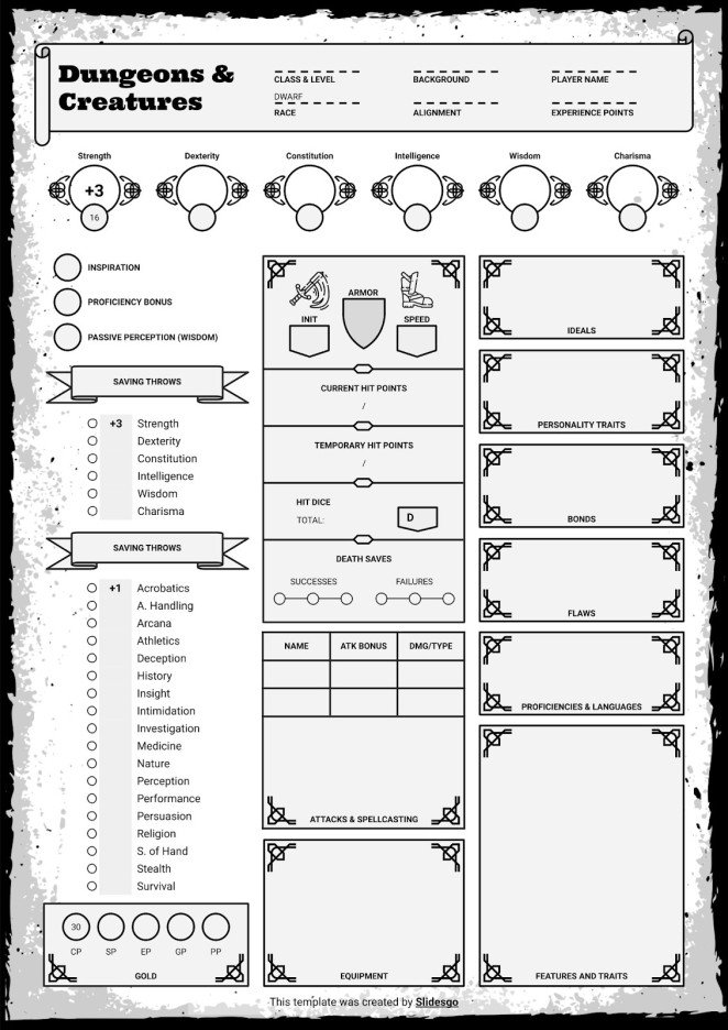 Dungeons and Creatures: Dwarf Character Sheet