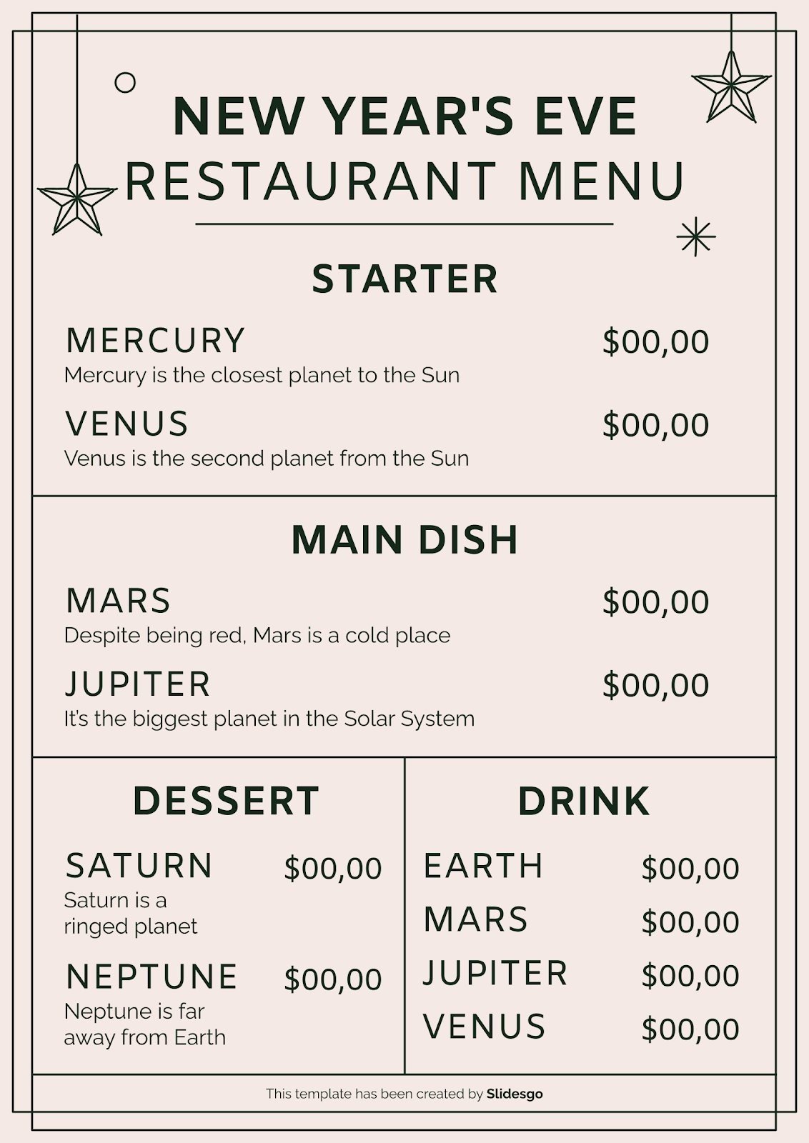 Printable New Year's Eve Restaurant Menu | Google Slides