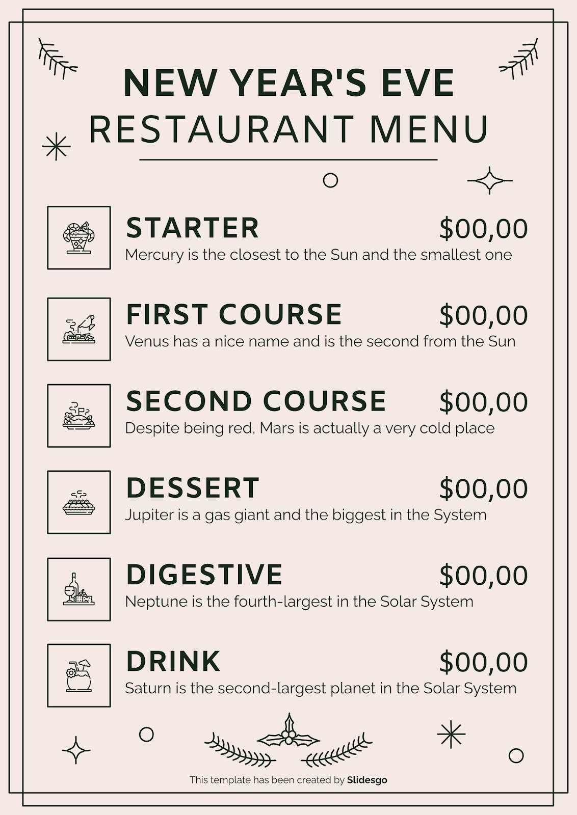 Printable New Year's Eve Restaurant Menu | Google Slides