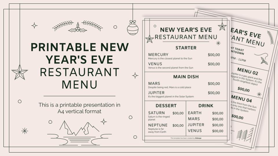 Printable New Year's Eve Restaurant Menu | Google Slides