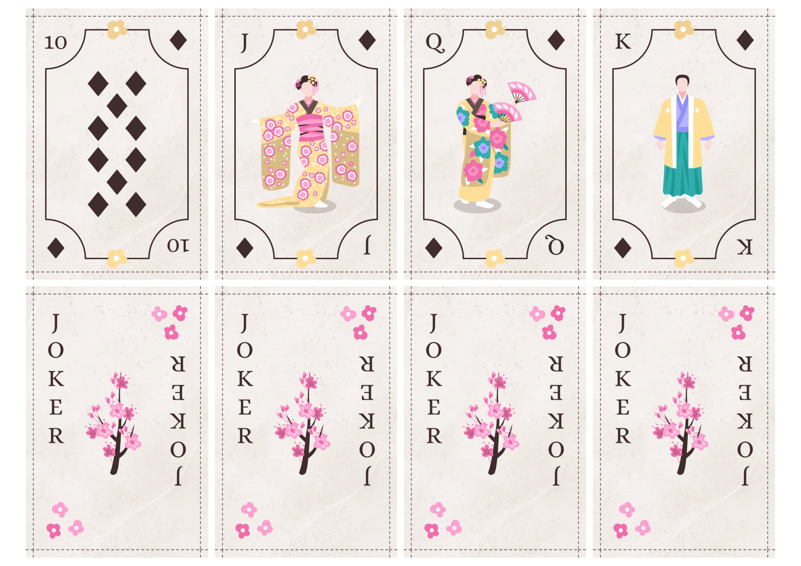 Baraja de cartas imprimible con temática del Periodo Edo