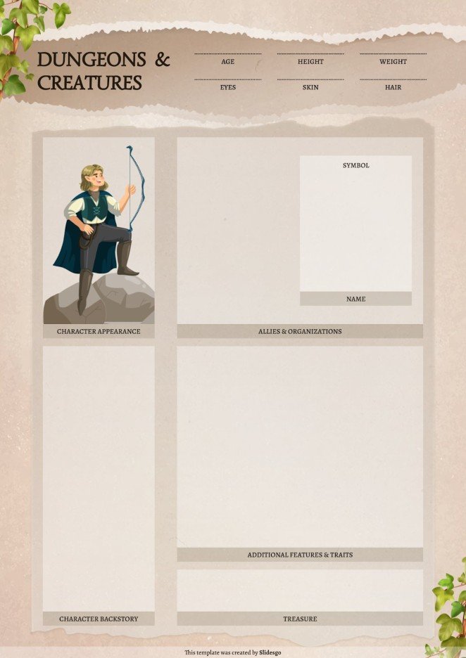 Dungeons and Creatures: Elf Character Sheet | Google Slides