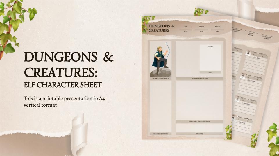 Dungeons and Creatures: Elf Character Sheet | Google Slides