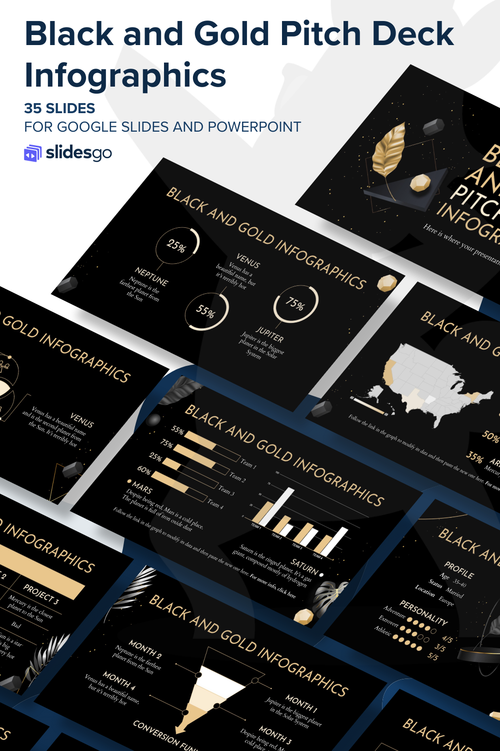 Black and Gold Pitch Deck Infographics | Google Slides & PPT
