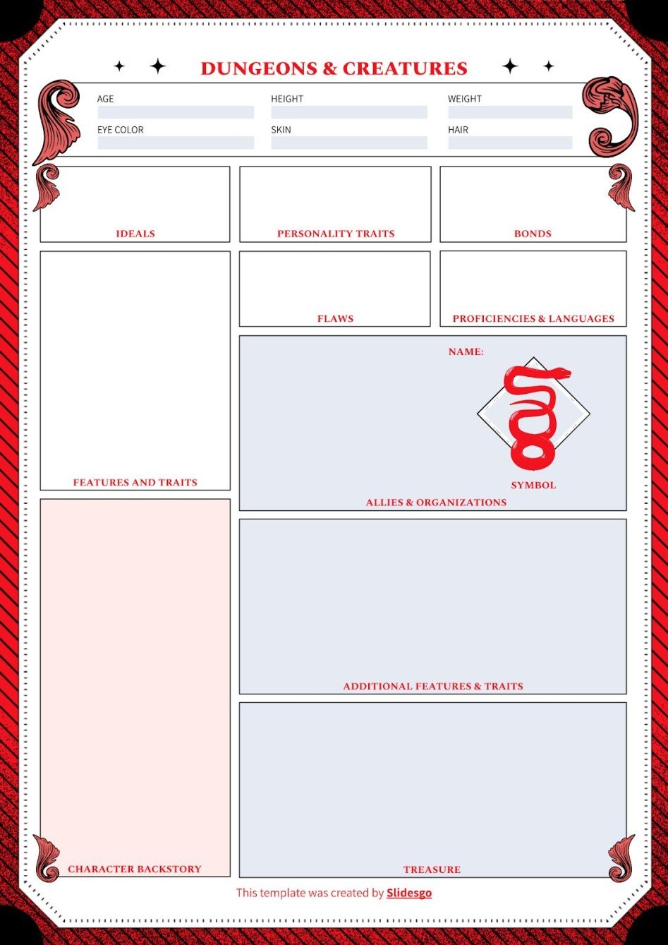 Dungeons and Creatures: Tiefling Character Sheet