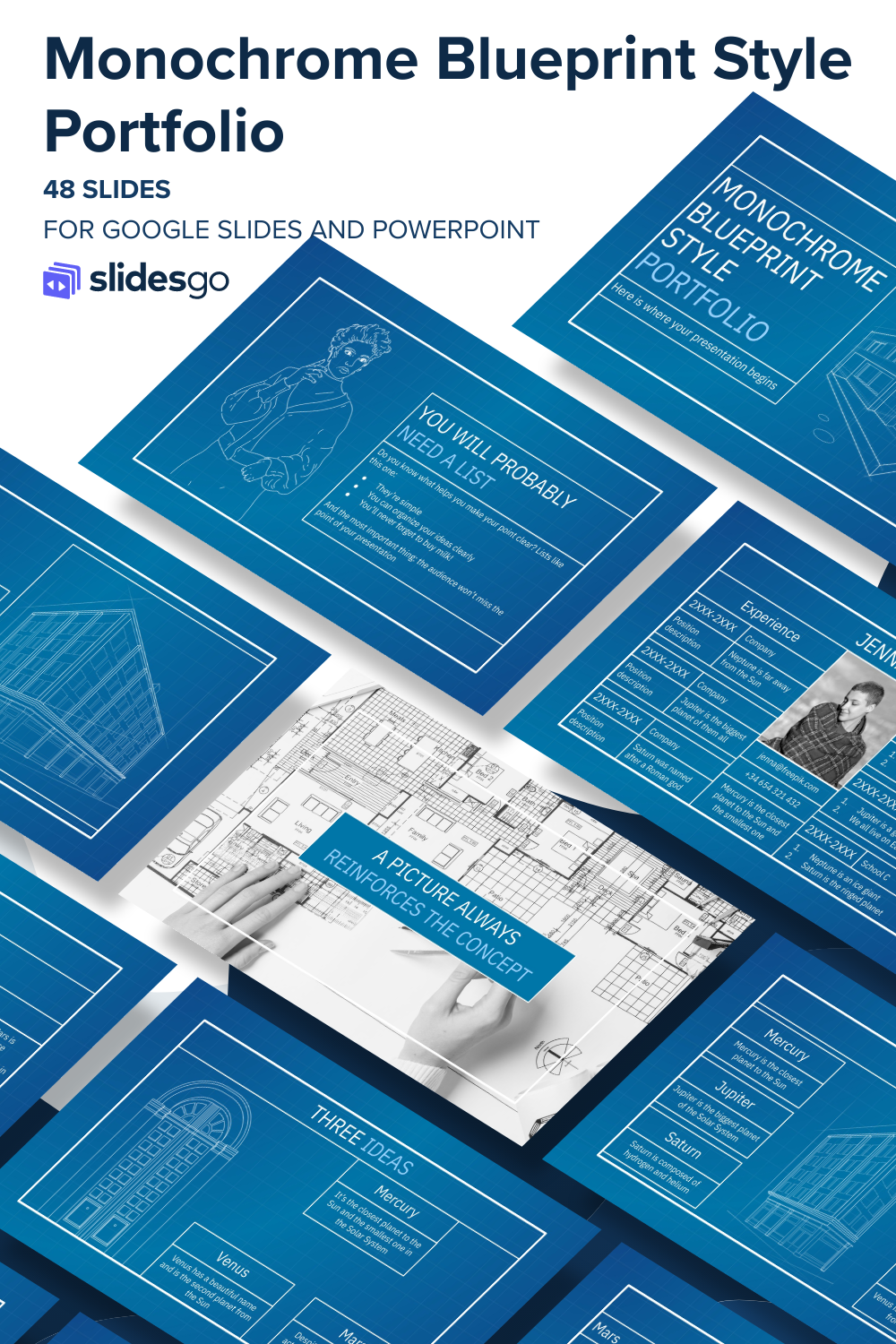 Monochrome Blueprint Style Portfolio | Google Slides