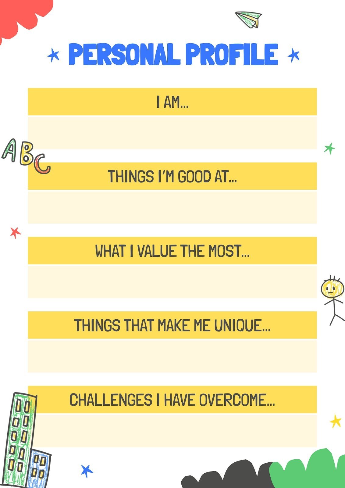 Personal Profile Printable Worksheets for Elementary