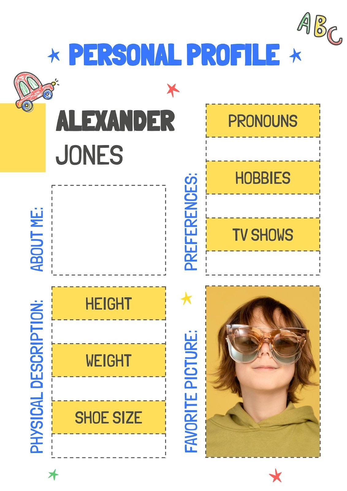 Personal Profile Printable Worksheets for Elementary