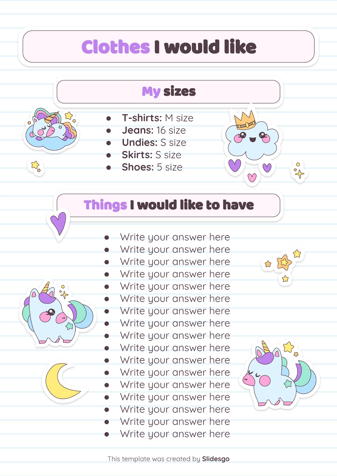 Vertical Printable Unicorns Birthday Wishlist