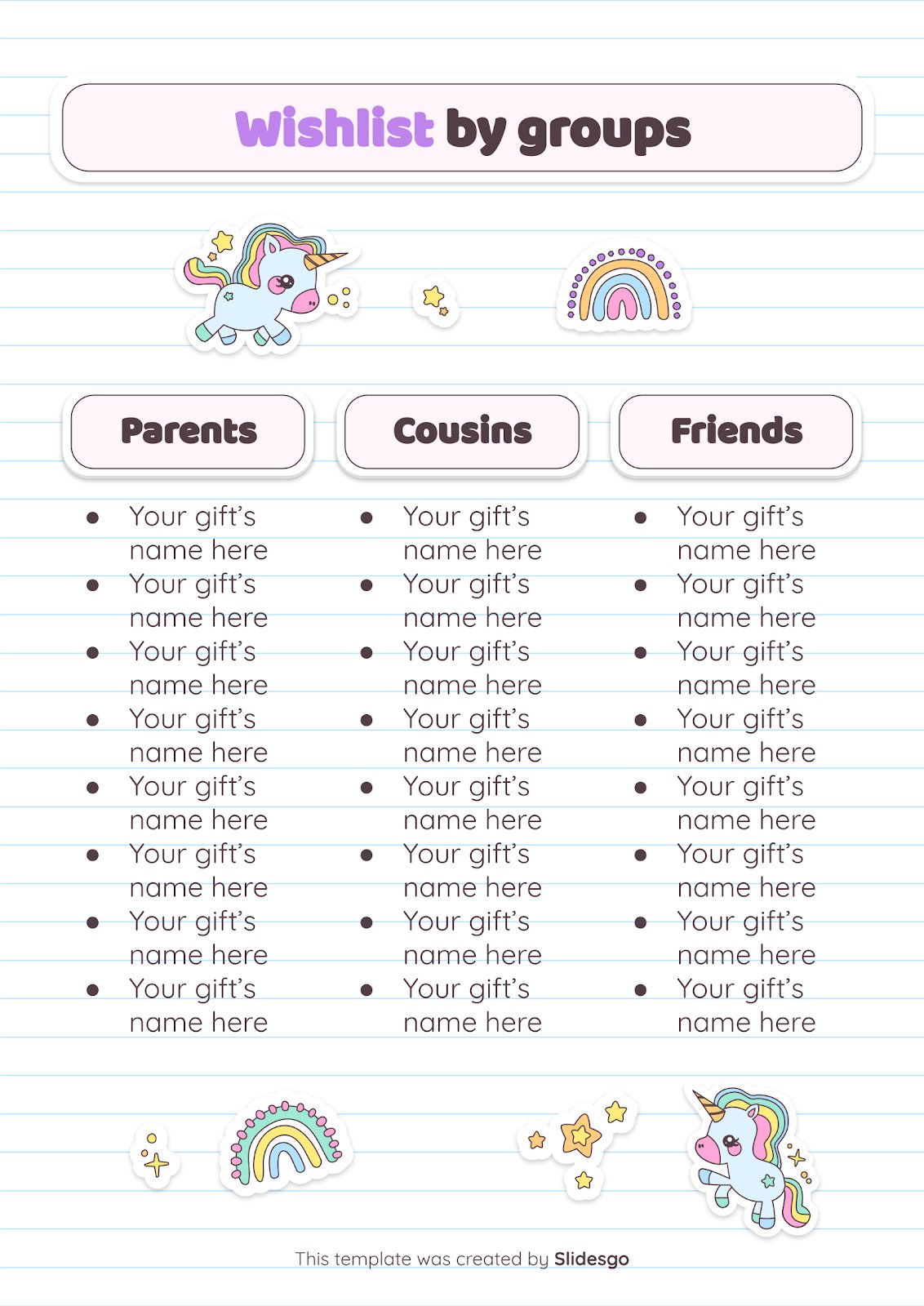 Vertical Printable Unicorns Birthday Wishlist