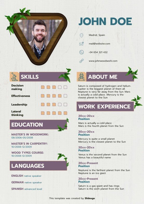 Woodwork Artisan Printable CV | Google Slides & PowerPoint