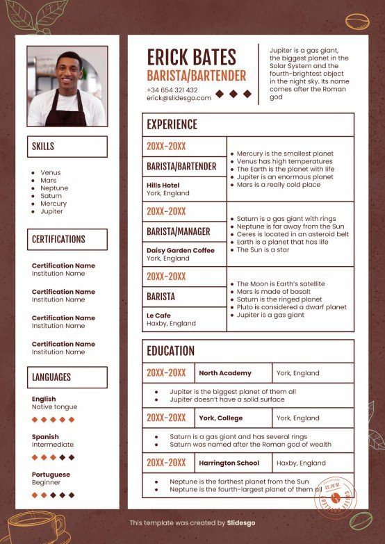 Coffee Shop Barista CV | Google Slides & PowerPoint