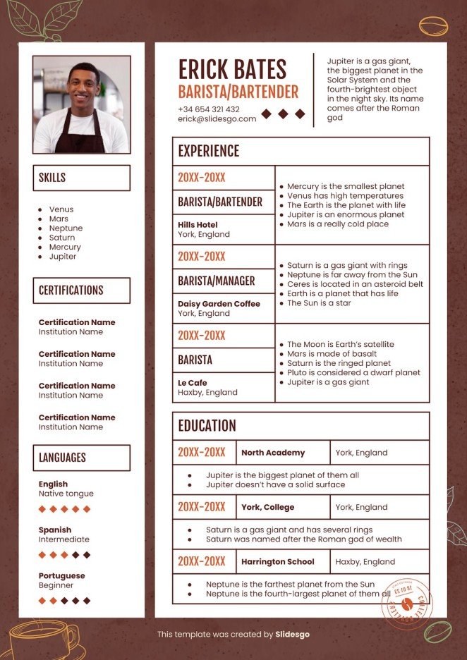 Coffee Shop Barista CV | Google Slides & PowerPoint