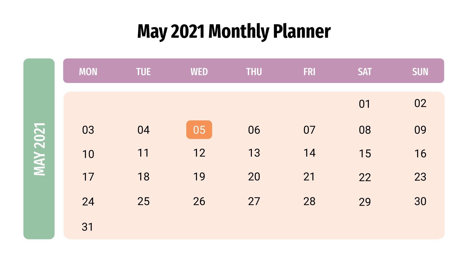 Agenda infográfica del mes de mayo 2021 | Google Slides