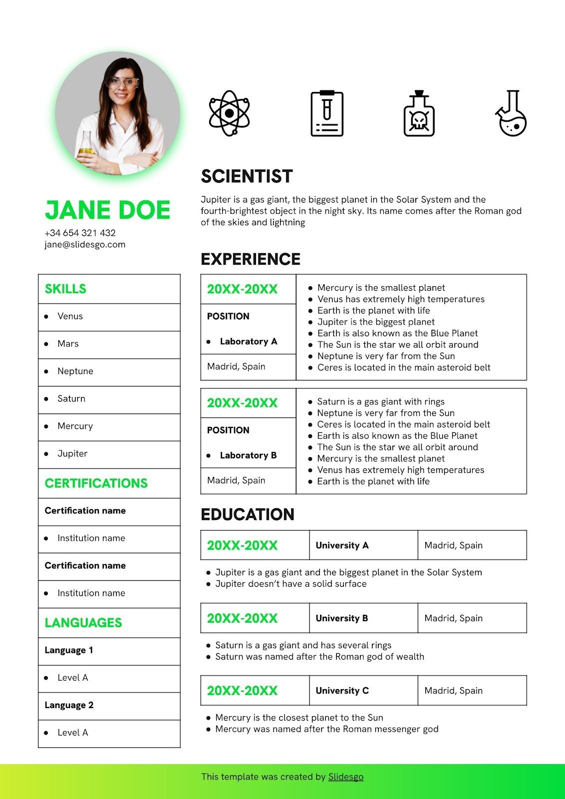 CV imprimable de scientifique | Google Slides et PowerPoint
