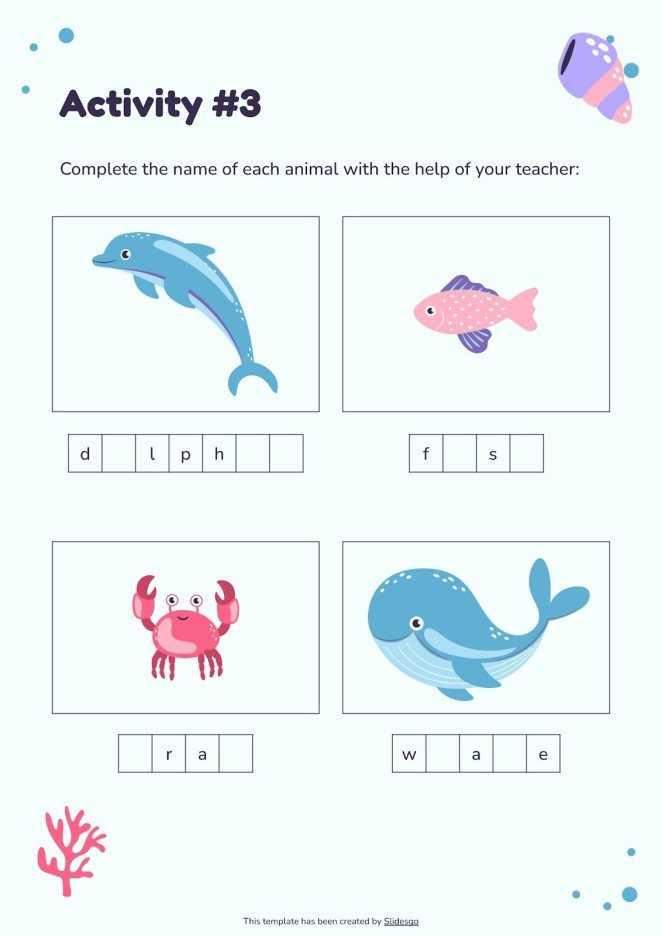 Printable Sea Animals Activities for Pre-K | Google Slides