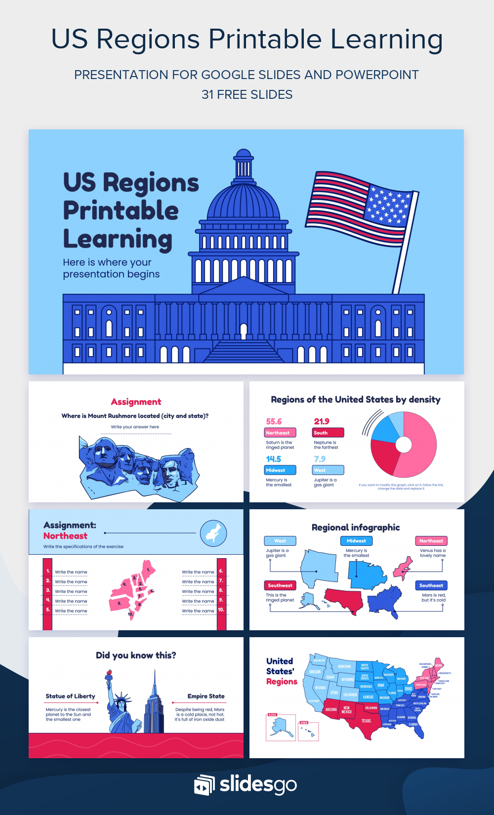 US Regions Printable Learning | Google Slides & PPT theme