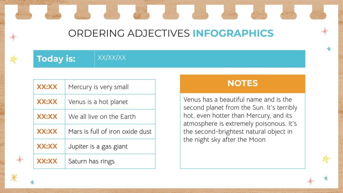 Inglés para primaria: orden de los adjetivos - Infografías