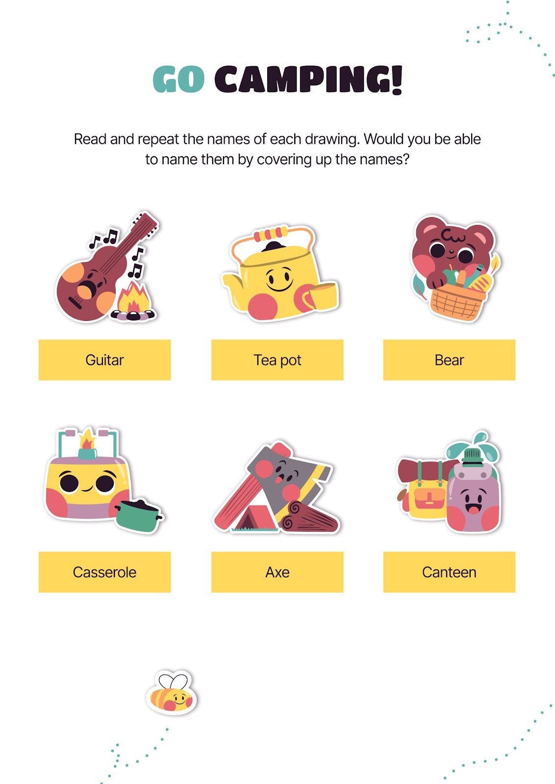 Fichas de vocabulario de acampada para preescolar