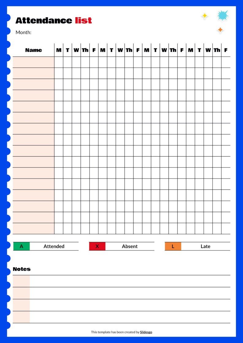 Modèle aduko de liste de présences style cahier simple