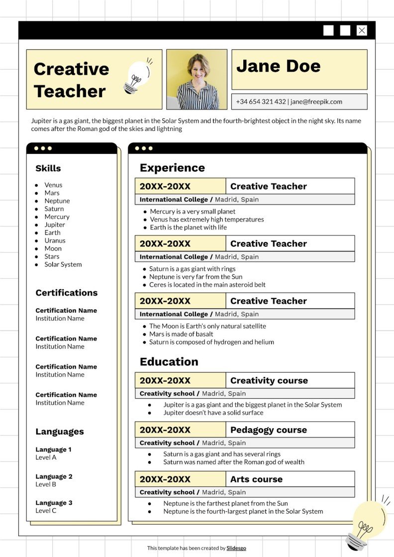 Creative Teacher CV | Google Slides and PowerPoint