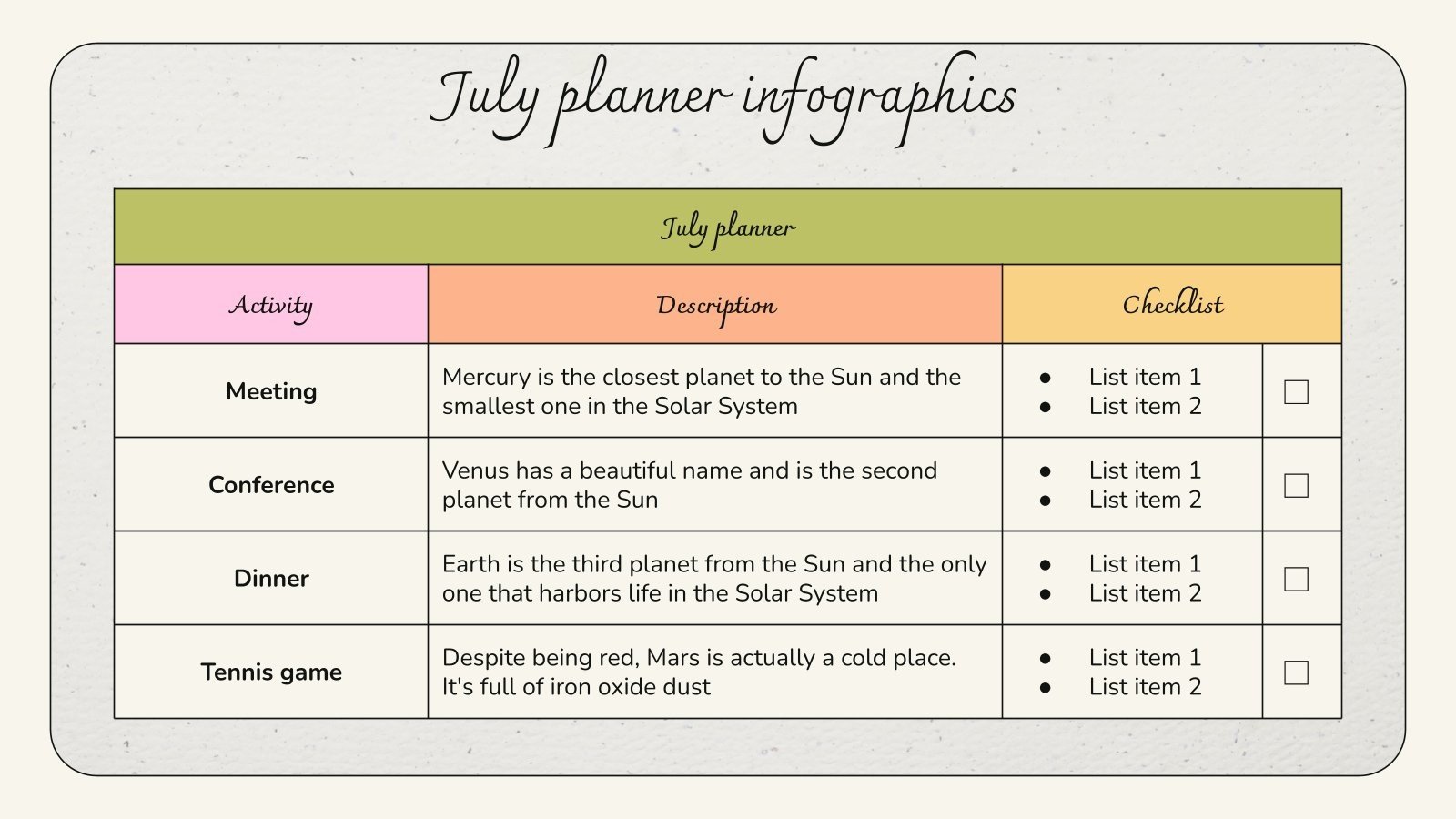 July Planner Infographics | Google Slides & PowerPoint