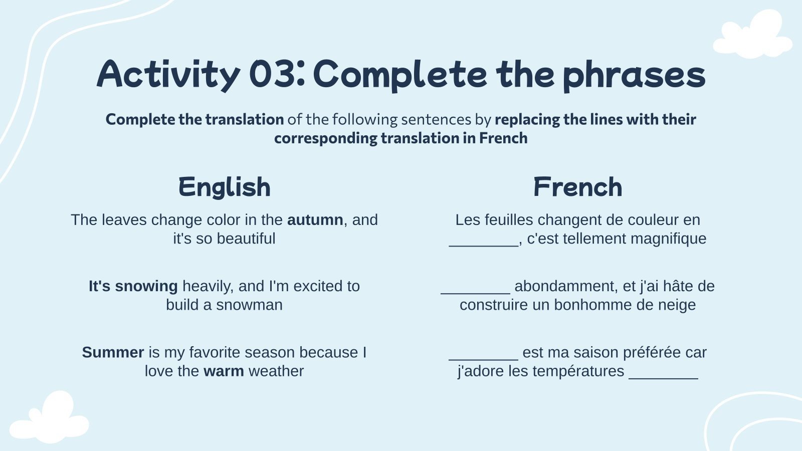 Weather and Seasons Vocabulary - French - 2nd Grade